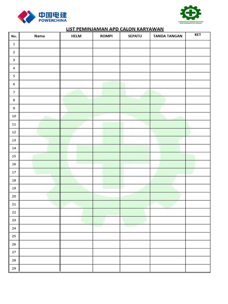 PII-FM-HSE-001 Form List Peminjaman APD | PDF