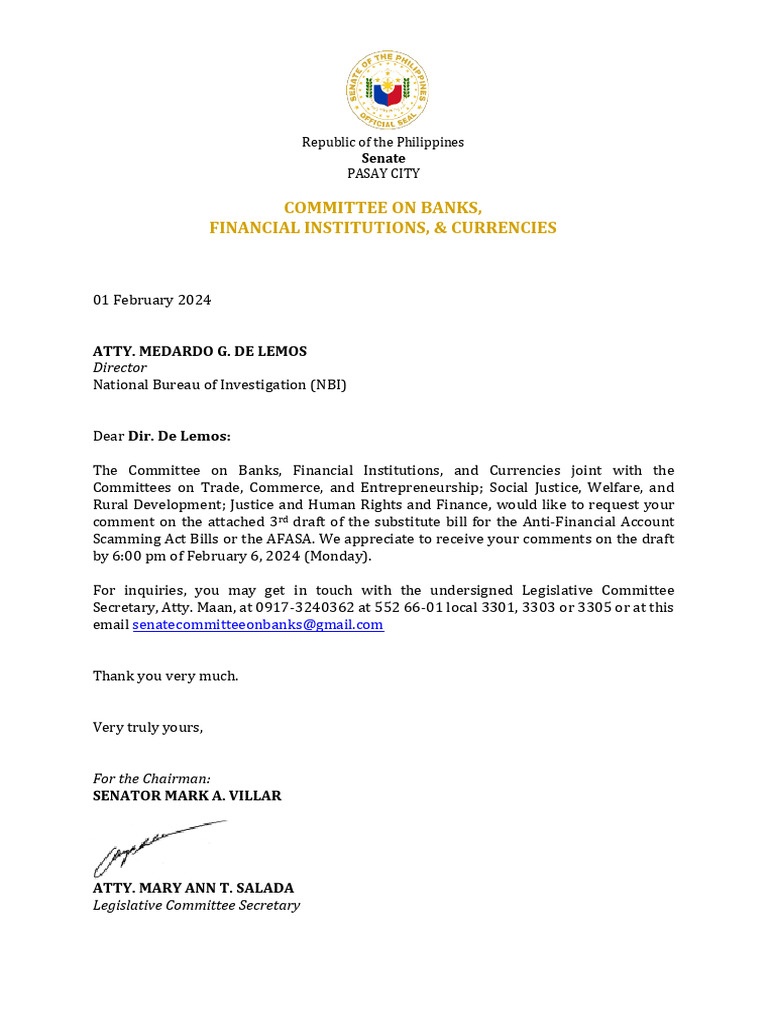 AFASA Letter Request 3rd Draft - NBI | PDF | Finance & Money Management