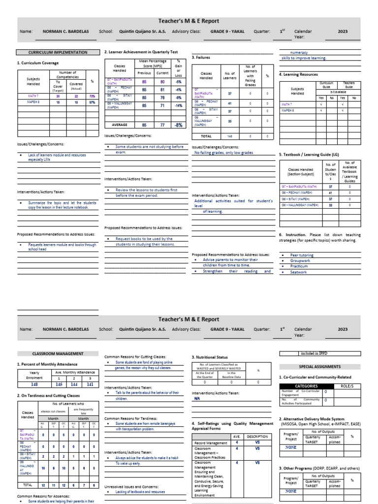 Teacher's M&E Report - Q1 2023 | PDF | Curriculum | Education Theory