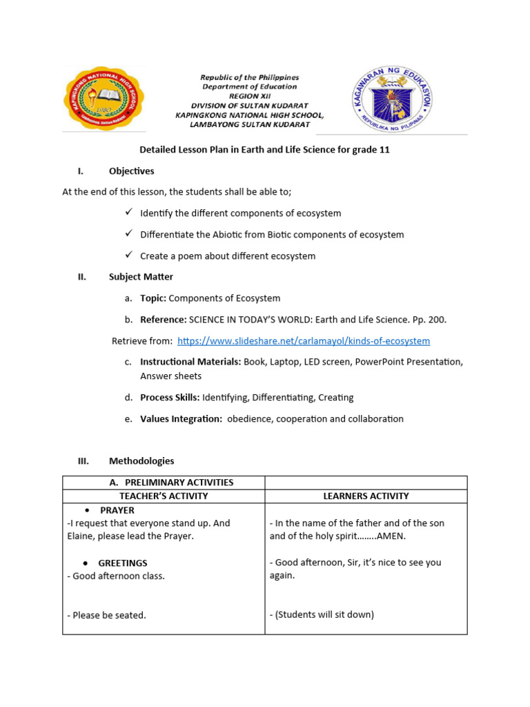 Grade 11 Ecosystem Lesson Plan | PDF | Ecosystem | Natural Environment