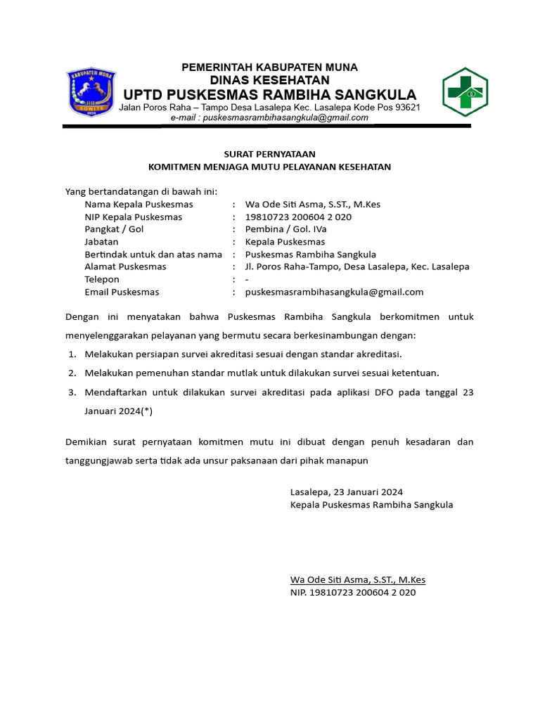 Template Surat Pernyataan Komitmen Mutu Puskesmas | PDF