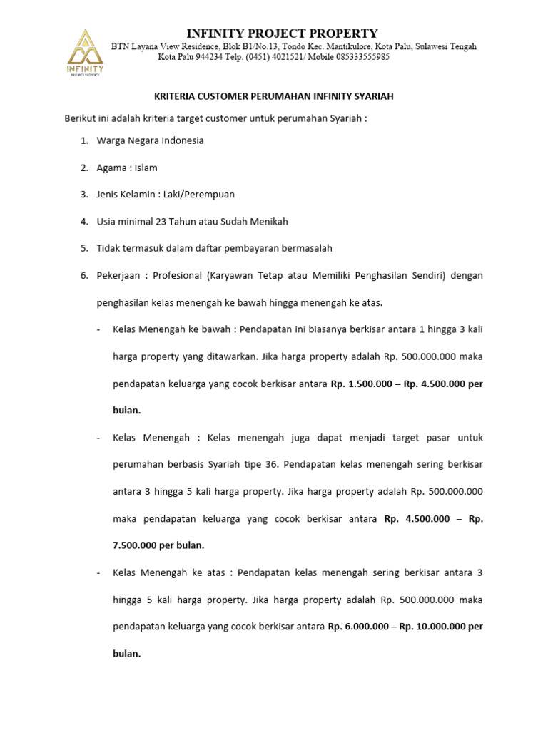 Kriteria Customer Perumahan Infinity Syariah | PDF | Hukum