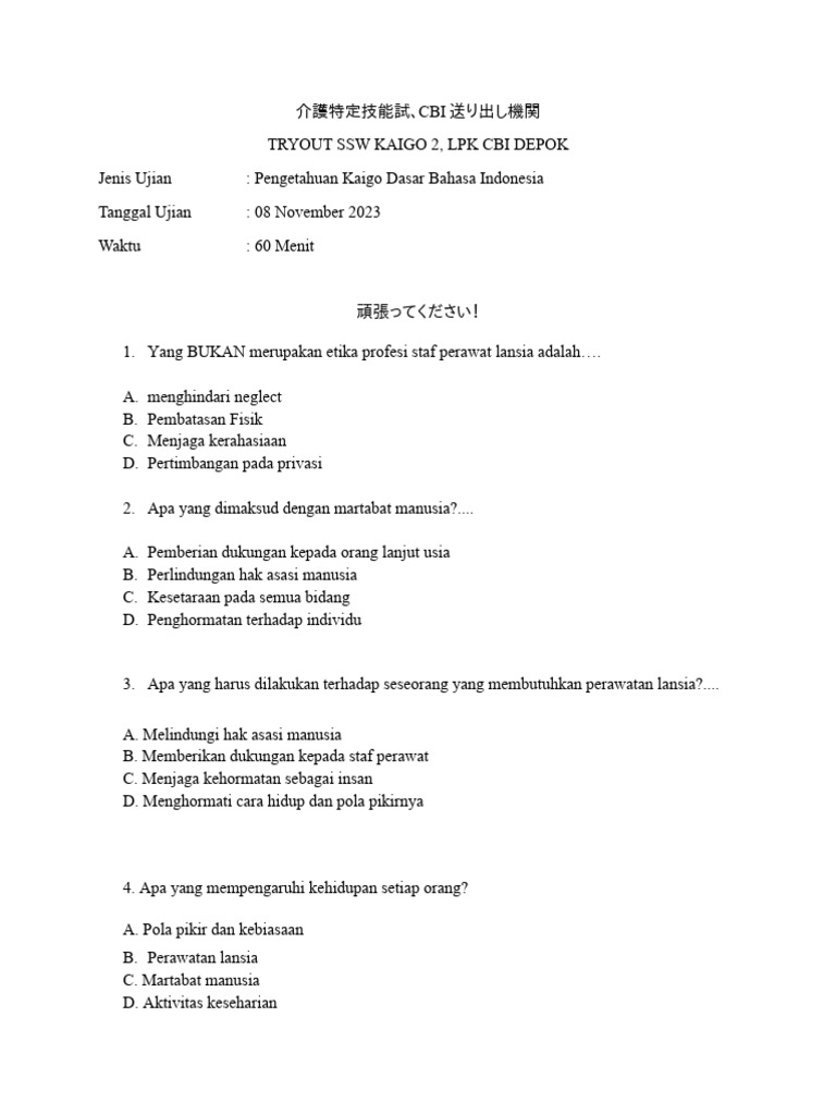 (Soal) Tryout Kaigo 1 LPK Cbi | PDF