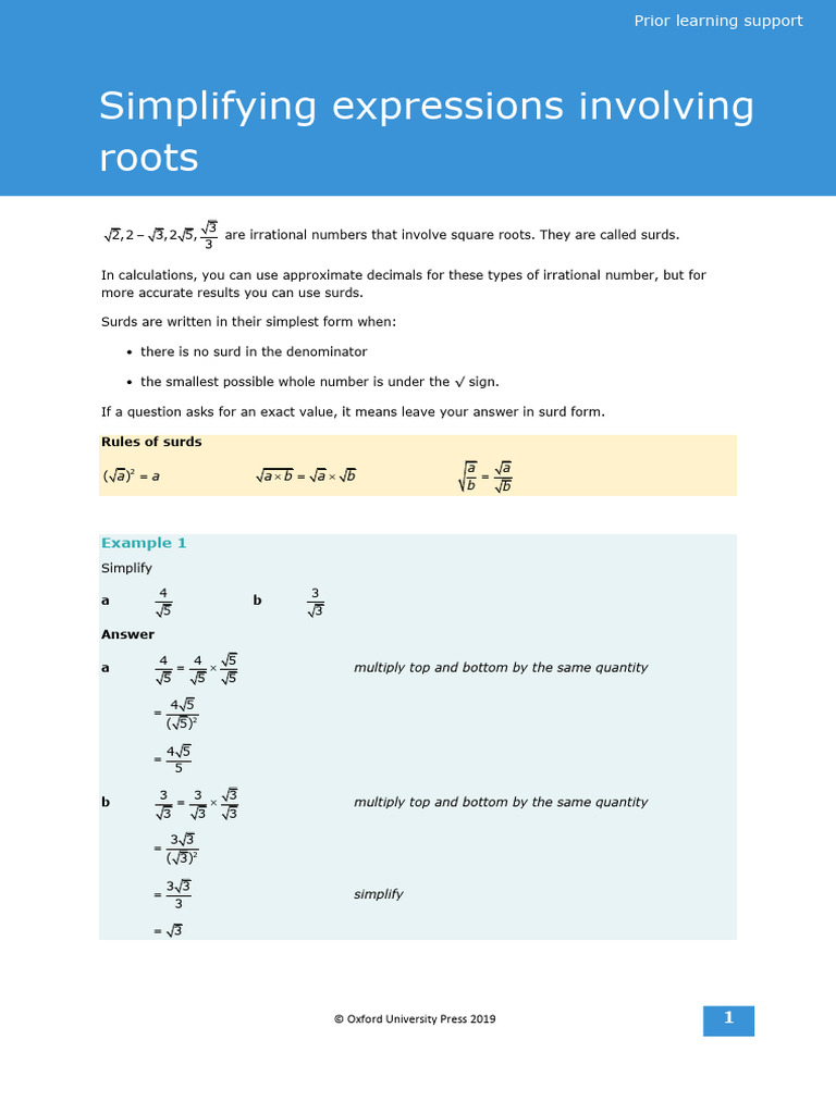 Simplifying Expressions Involving Roots (Prior Knowlege) | PDF ...