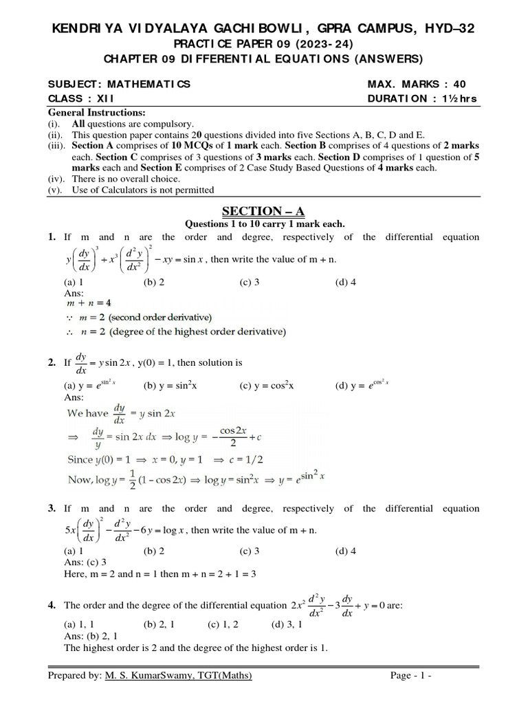 Maths Class Xii Chapter 09 Differential Equations Practice Paper 09 ...