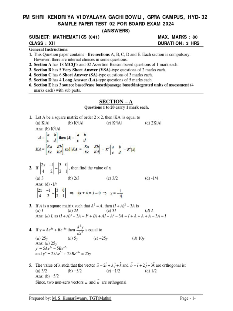 Maths Class Xii Sample Paper Test 02 For Board Exam 2024 Answers | PDF