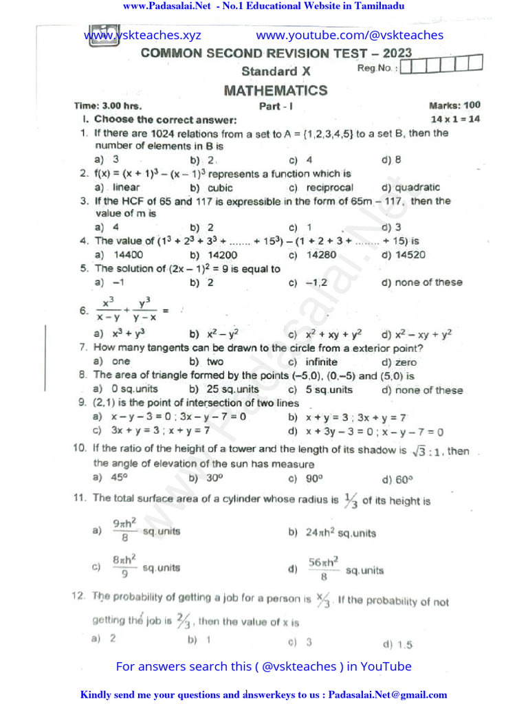 10th Maths EM 2nd Revision Exam 2023 Original Question Paper Sivagangai District English Medium ...