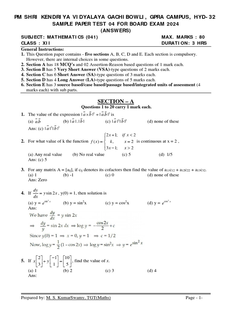 Maths Class Xii Sample Paper Test 04 For Board Exam 2024 Answers ...