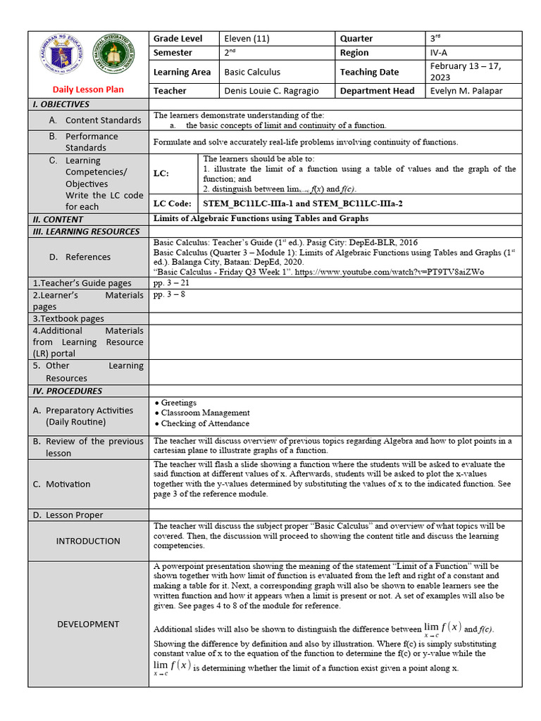 LP-BC-Q3L1-Illustrating The Limit of A Function Using A Table of Values and The Graph of The ...