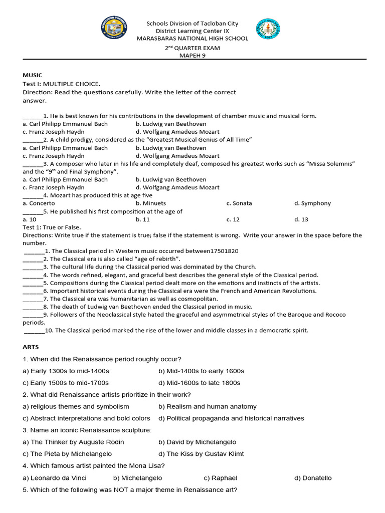 Mapeh 9 Exam 2ND Quarter | PDF