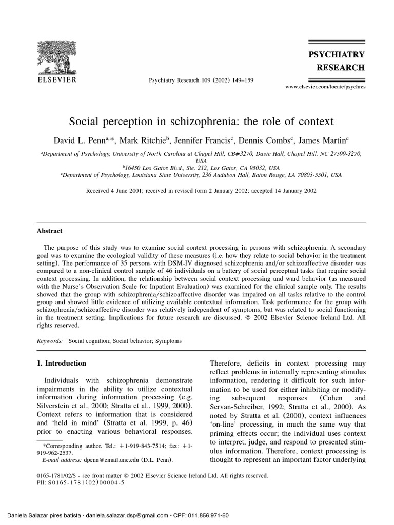 Social Perception in Schizophrenia - The Role of Context | PDF ... Social Perception in Schizophrenia - The Role of Context | PDF ...
