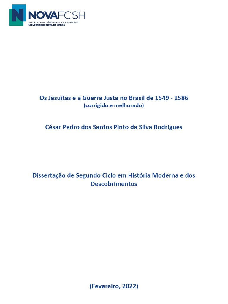 César Pedro Dos Santos Pinto Da Silva Rodrigues. Os Jesuítas e A Guerra ...