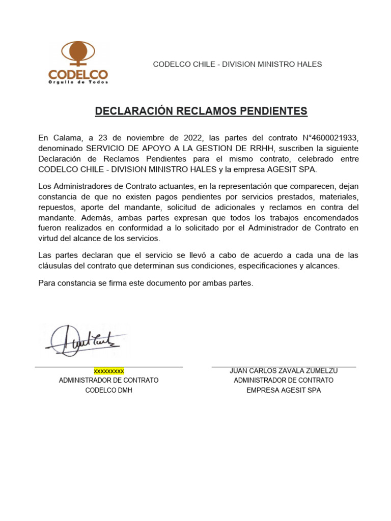 Formato Declaración Reclamos Pendientes, Rev CJDN | PDF