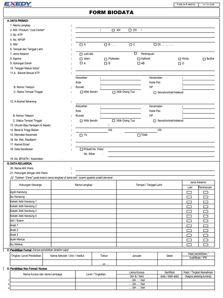 Form Biodata (ENGLISH) | PDF