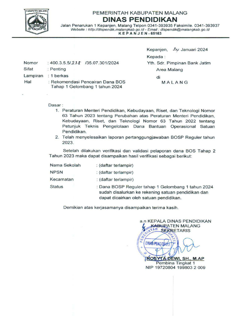 Rekom Tahap 1 Gelombang 1 BOSP Reguler SD | PDF
