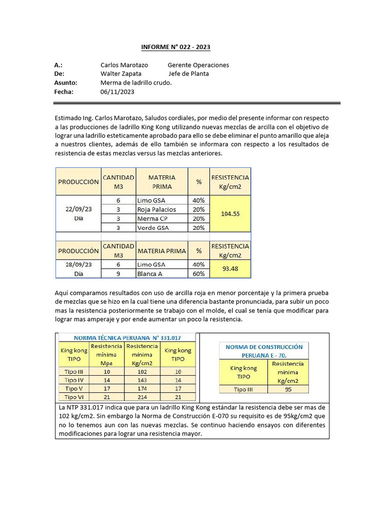 INFORME N 022 - Merma de Ladrillo Crudo | PDF | Ladrillo | Arcilla