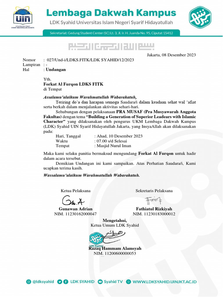 Surat Undangan Pra Musaf Forkat Al Furqon | PDF