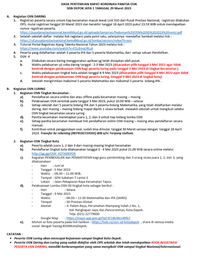 HASIL RAPAT KORDINASI PANITIA OSN 29 Maret 2023 | PDF
