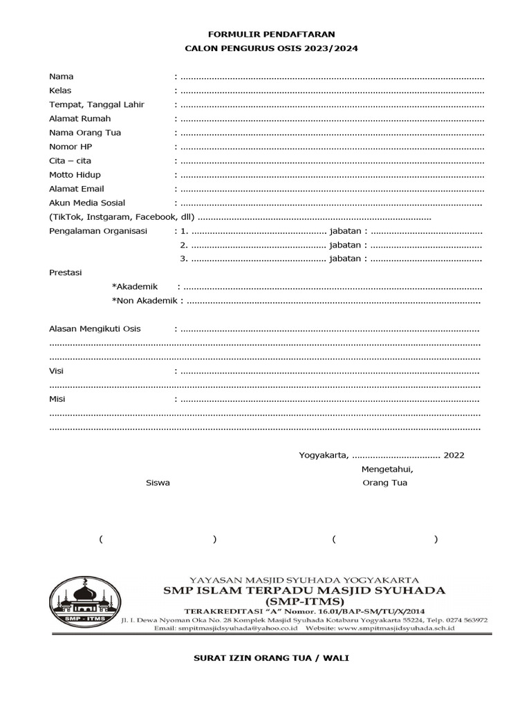 Formulir Pendaftaran Osis 2022 2023 | PDF