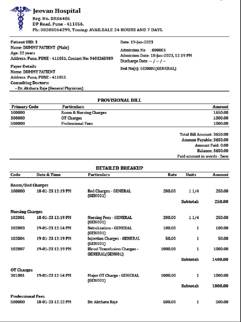 Provisional Hospital Bill | PDF
