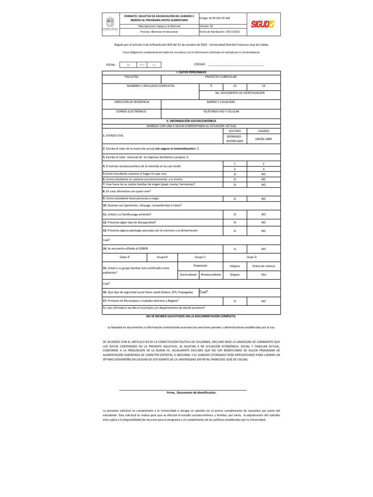 Formulario Solicitud Apoyo Alimentario | PDF