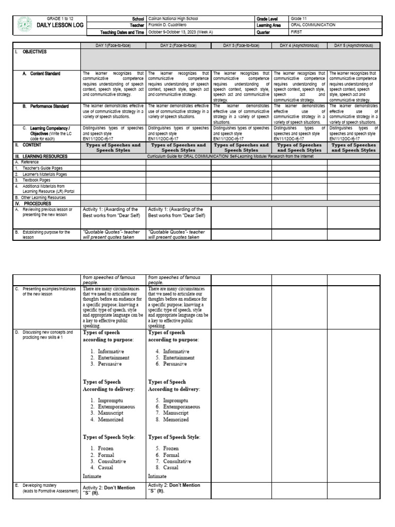 Oral Communication DLL Week 7 | PDF | Learning | Speech