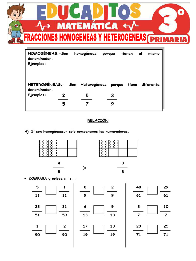 Fracciones Homogeneas y Heterogeneas para Tercer Grado de Primaria | PDF