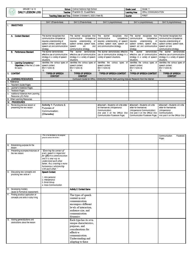 Oral Communication DLL Week 6 | PDF