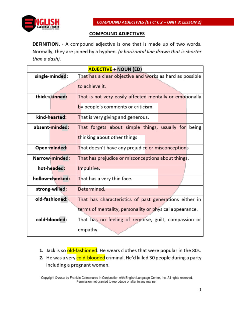 Compound Adjectives - Lesson 2 | PDF | Adjective | Verb
