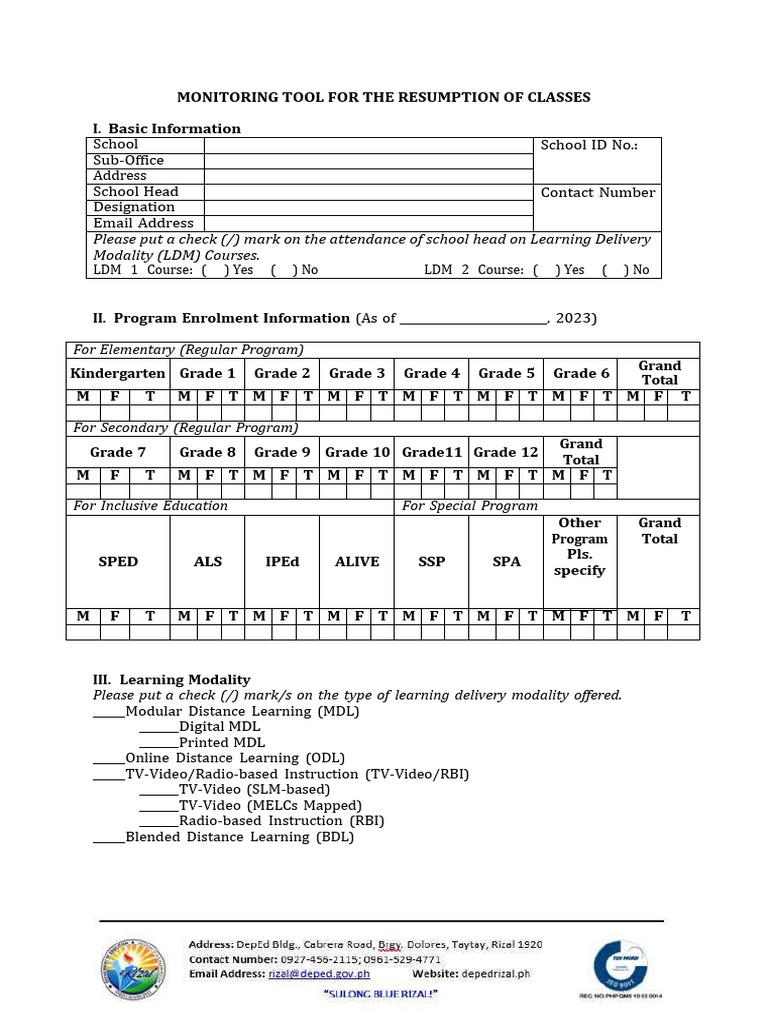 Monitoring Tool On The Resumption of Classes | PDF | Cognition ...