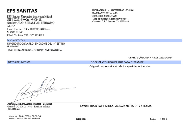 Eps Sanitas: Incapacidad - Enfermedad General | PDF