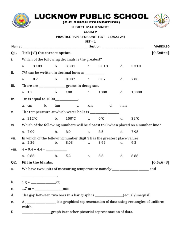 Class - 5 Practice paper -1 | PDF