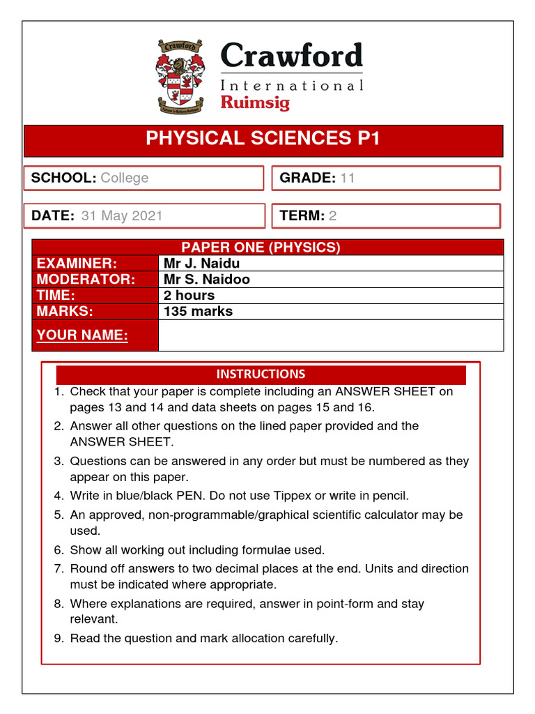 Grade 11 Physics Exam Paper - May 2021 | PDF