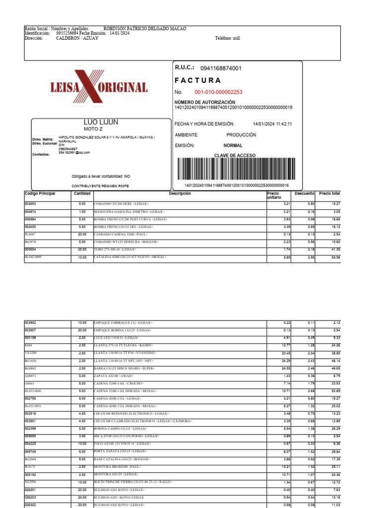 Factura de Venta de Repuestos de Moto | PDF