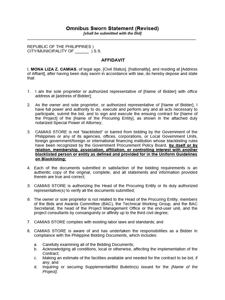 Omnibus Sworn Statement (Revised) Sample | PDF | Affidavit | Common Law