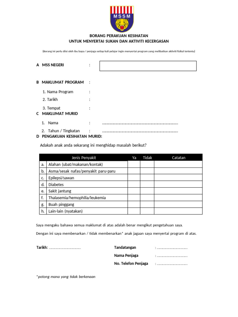 BORANG PERAKUAN KESIHATAN MSSM MERENTAS DESA OLEH IBU BAPA-PDF | PDF