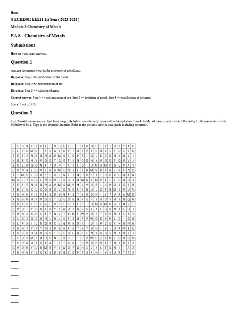 Submissions - S-ECHE001 EEE11 1st Sem (2023-2024) - EA 8 - Chemistry of Metals - DLSU-D College ...