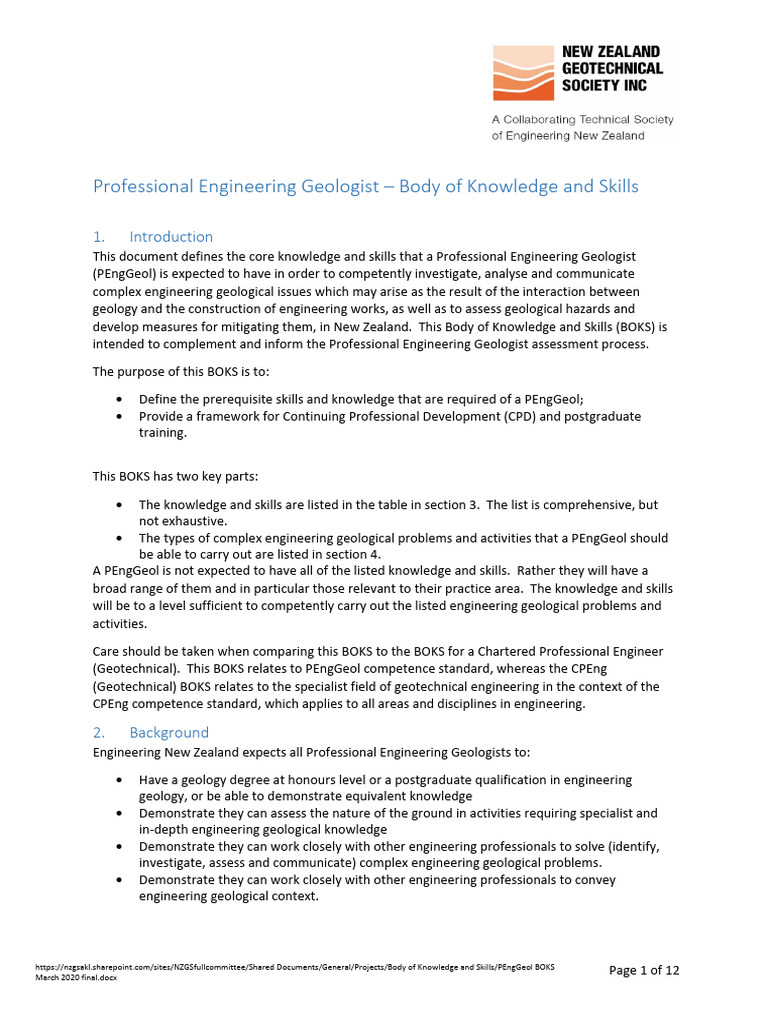 Professional Engineering Geologist - Body of Knowledge and Skills-2020-Final-1 | PDF ...