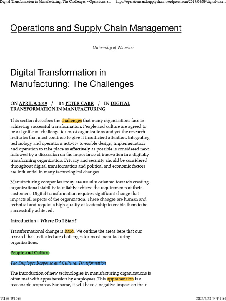 Digital Transformation in Manufacturing the Challenges – Operations and ...