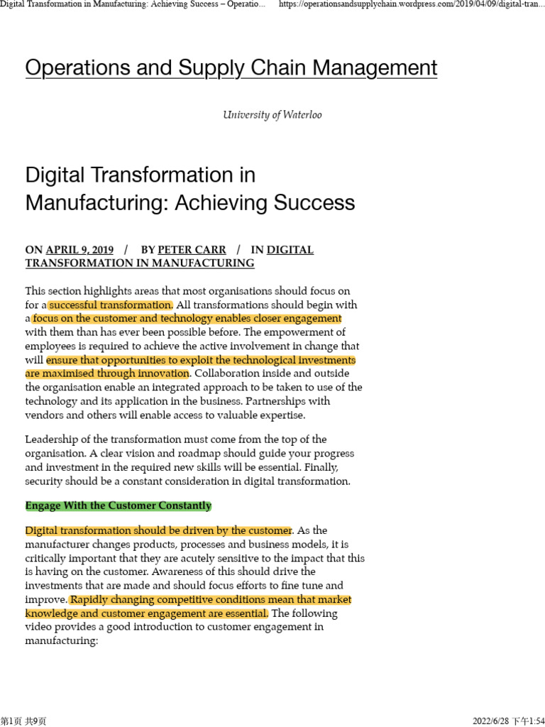 Digital Transformation in Manufacturing Achieving Success - Operations ...