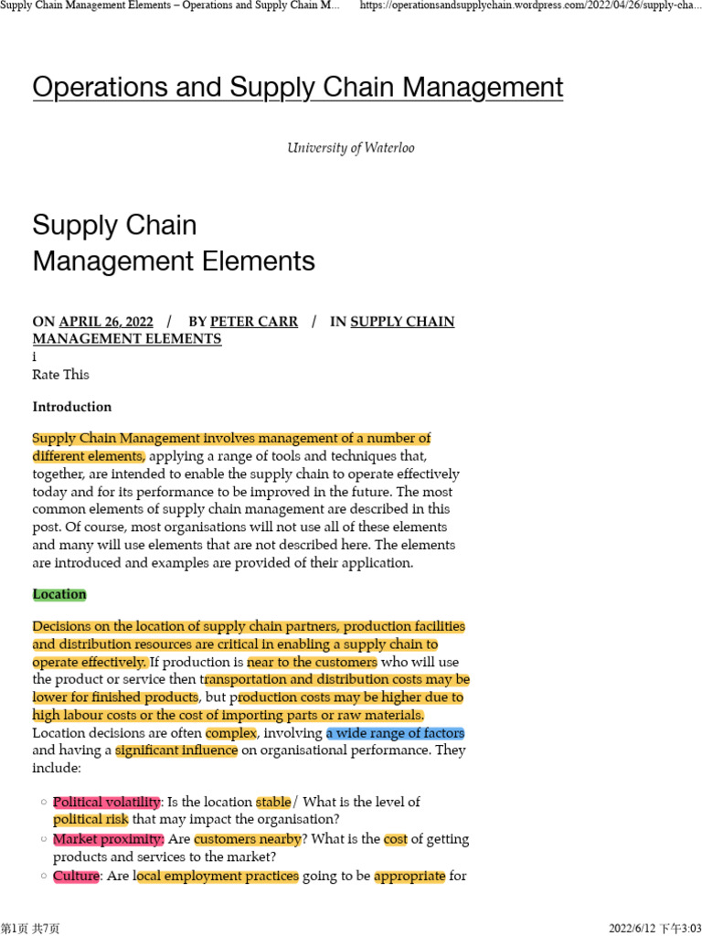 Supply Chain Management Elements - Operations and Supply Chain Management | PDF