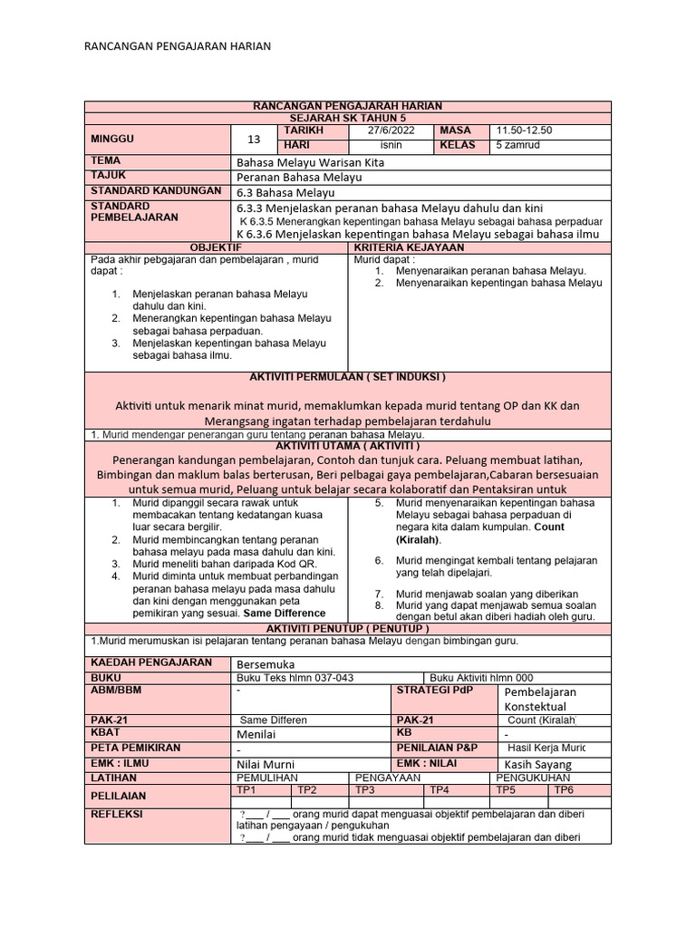 RPH Minggu 10 Sejarah THN 5 by Cikgu Gorgeous | PDF | Karier & Perkembangan