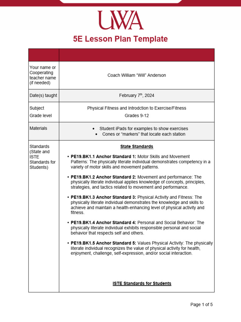 Technology Portfolio 5e Lesson Plan | PDF | Learning | Physical Fitness