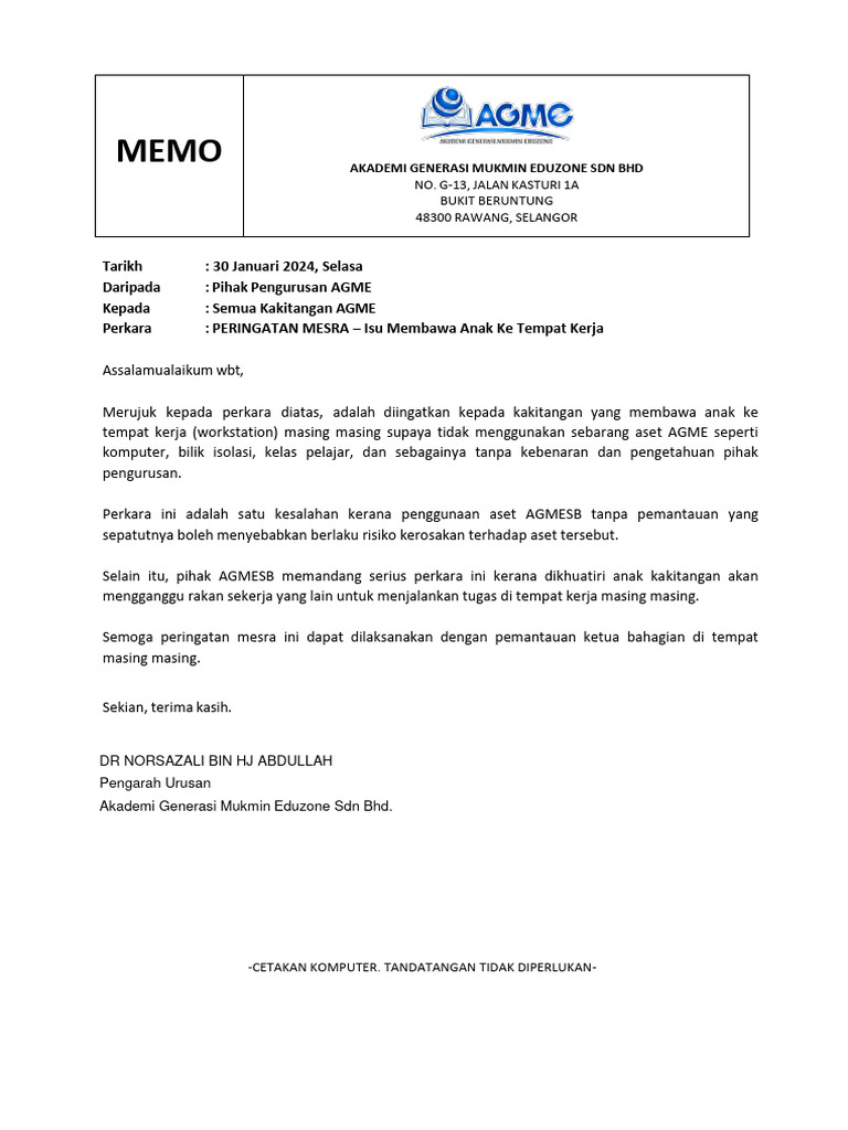 Memo - Peringatan Mesra Isu Membawa Anak Ke Tempat Kerja | PDF