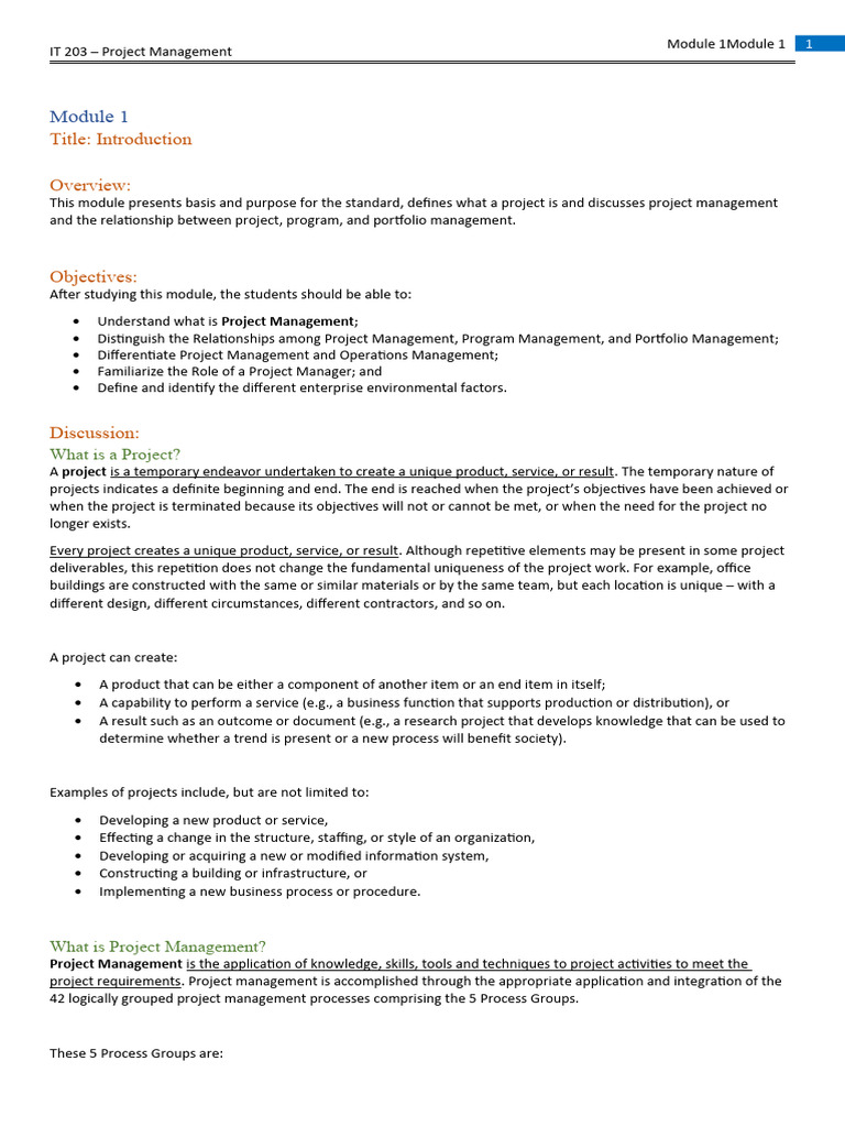IT 203 - Project Management Module 1 | PDF | Project Management ...