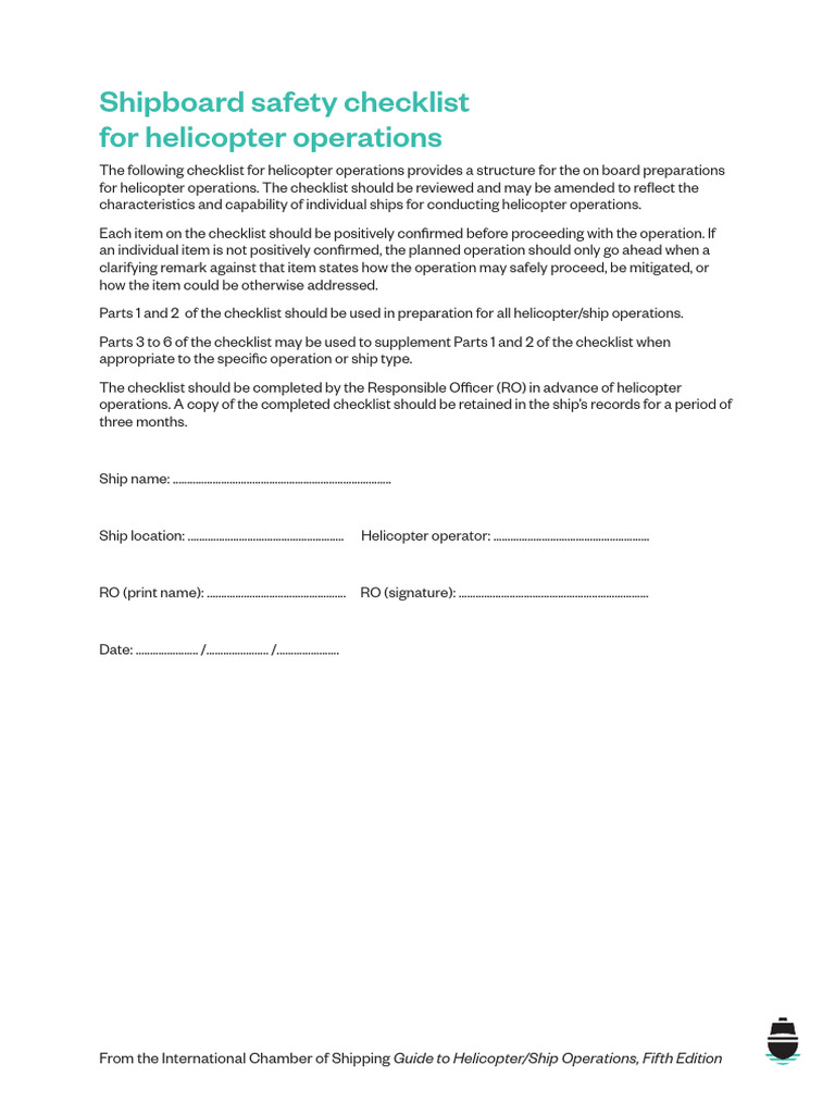 Shipboard Safety Checklist For Helicopter Operations | PDF