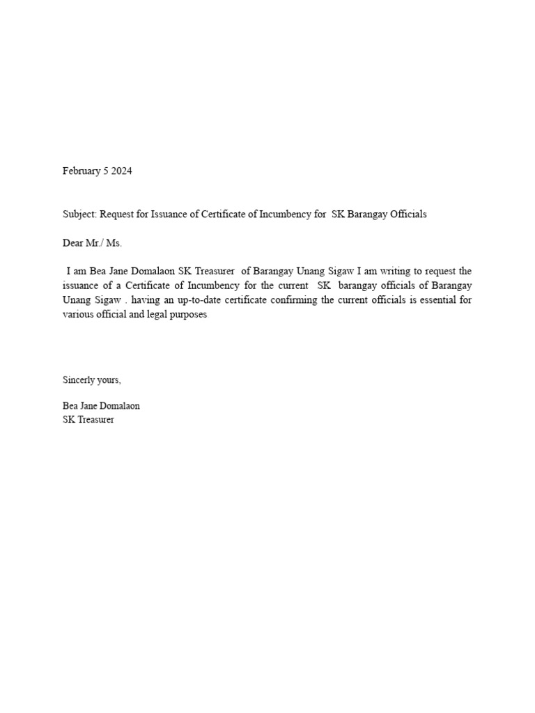 Request Letter Dilg (SK Treasurer) | PDF