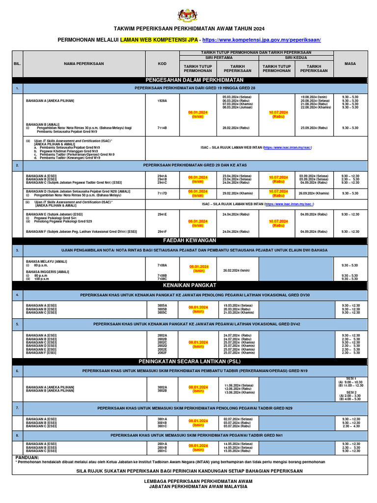 Jadual Peperiksaan Perkhidmatan Awam Tahun 2024 | PDF