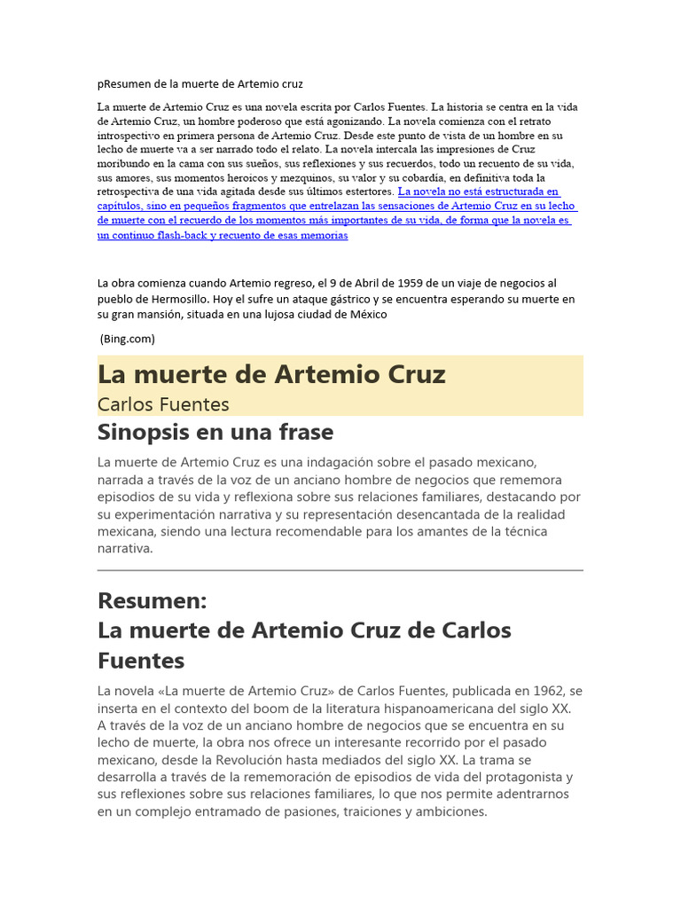Resumen de La Muerte de Artemio Cruz | PDF