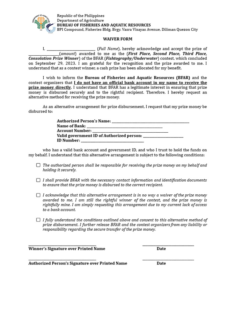 WAIVER FORM BFAR Photography Contest | PDF